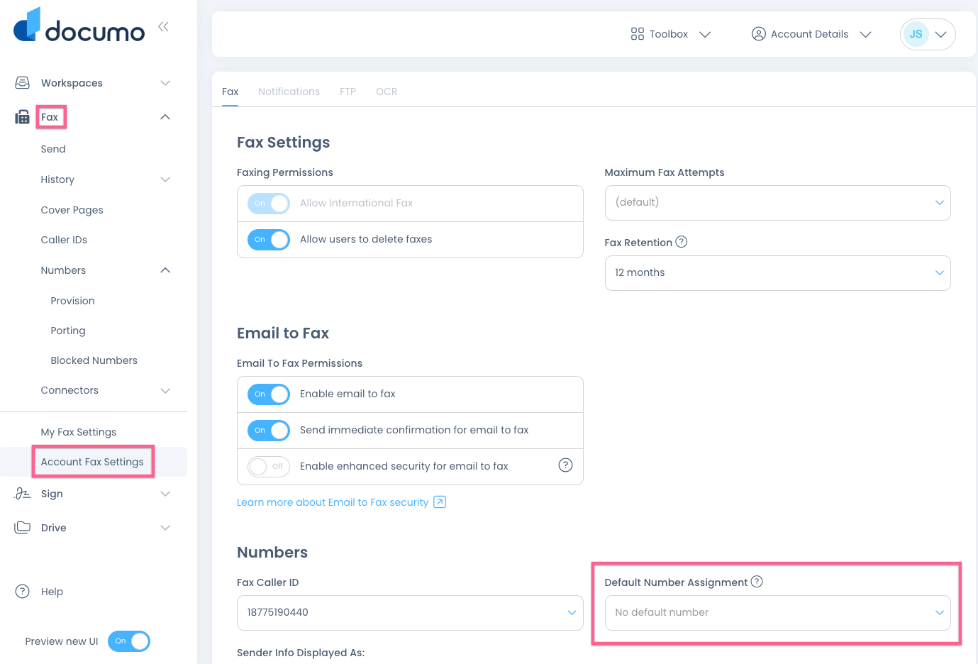 Setting Default Number Assignment – Documo